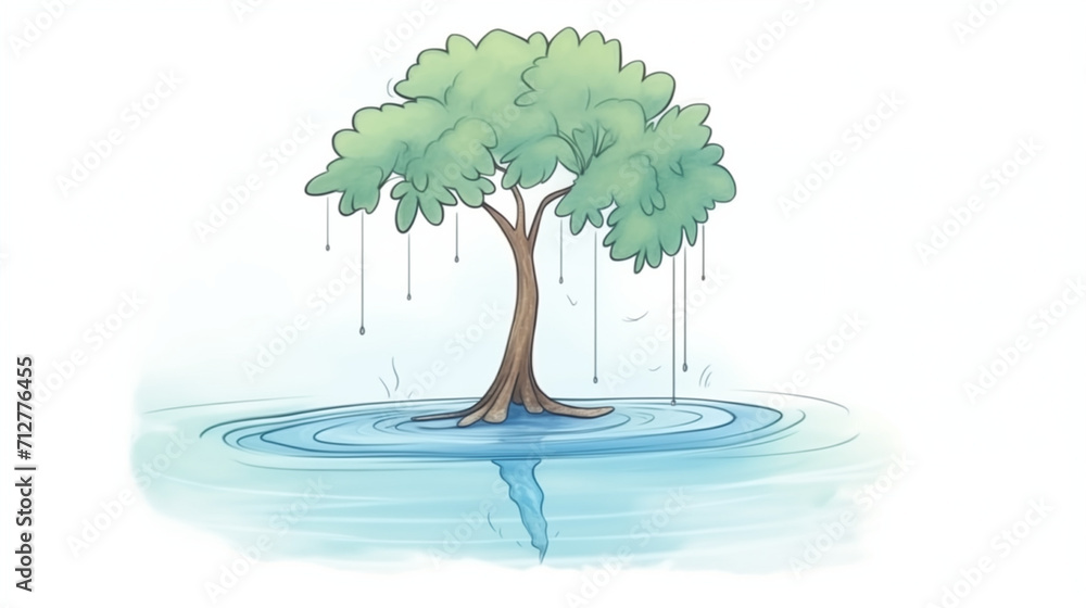 The tree is wet with water. water color, cartoon, hand drawing ...