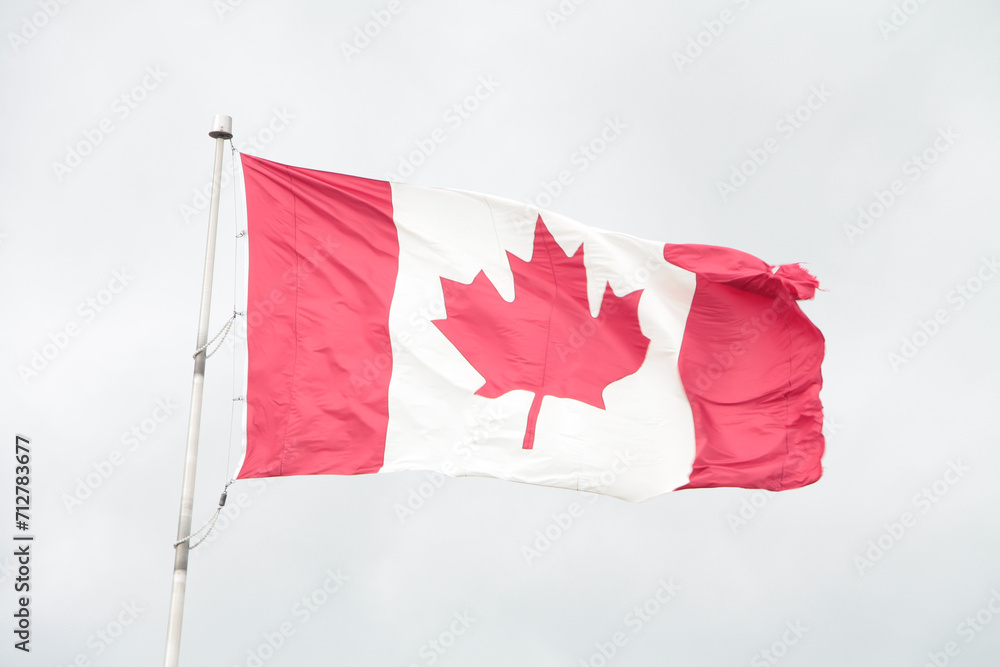 canada canadian flag blowing waving in wind on flagpole with sky behind ...