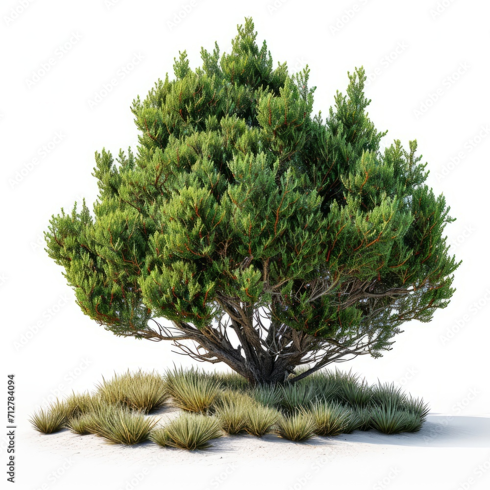 One charming Taxus baccata bush has striking leaves isolated on a crisp ...