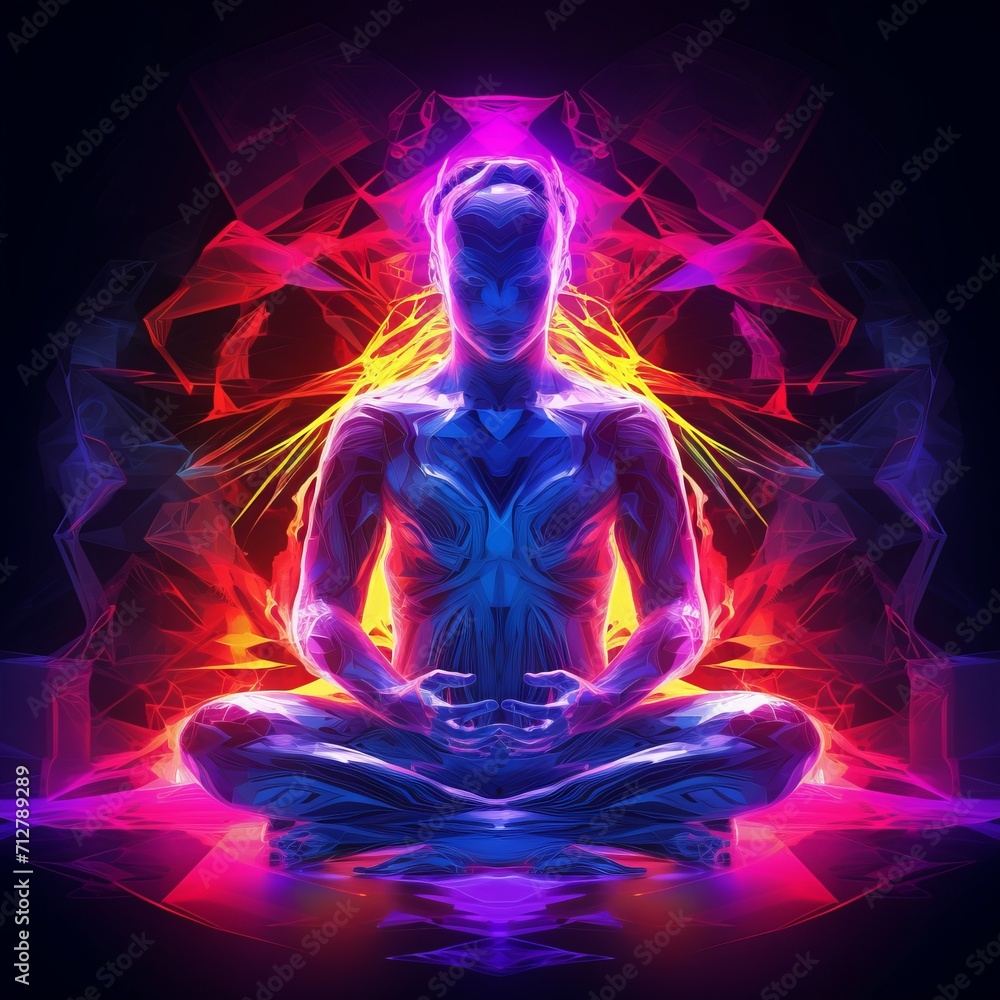 Neon silhouette in a meditation pose with radiating colored energy ...