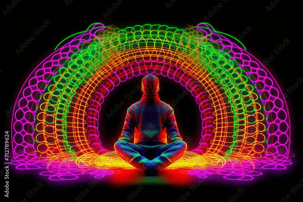 Neon silhouette in a meditation pose with radiating colored energy ...