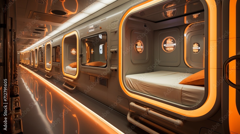 Stylish and cozy interior of a capsule hotel with modern sleeping pods ...