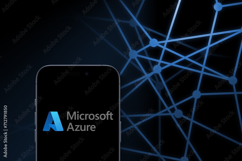 Microsoft Azure Logo shown on a modern smartphone in front of connected ...