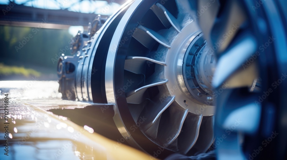 Detailed shot of a hydropower turbine, demonstrating the use of water ...