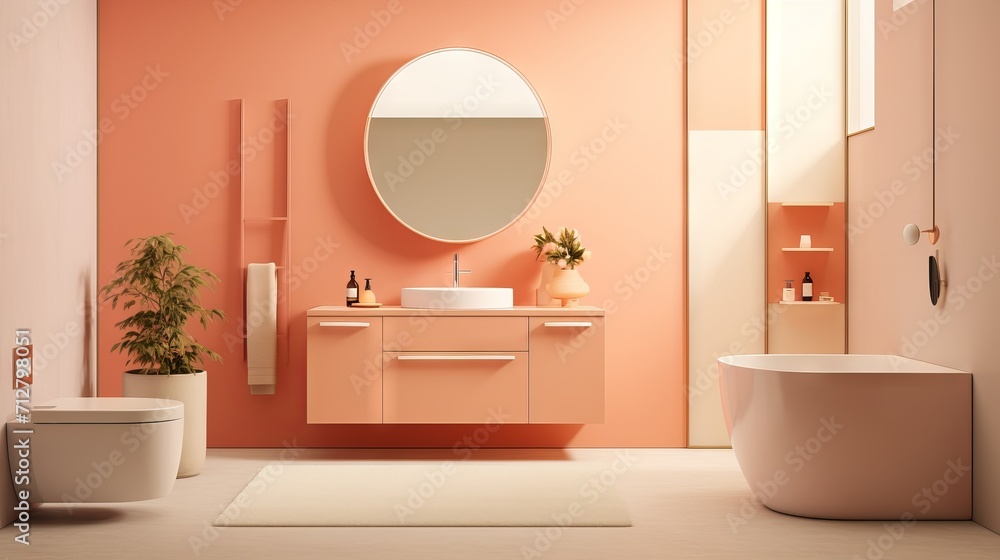 Minimalist modern bathroom design in a fashionable trendy color Peach ...