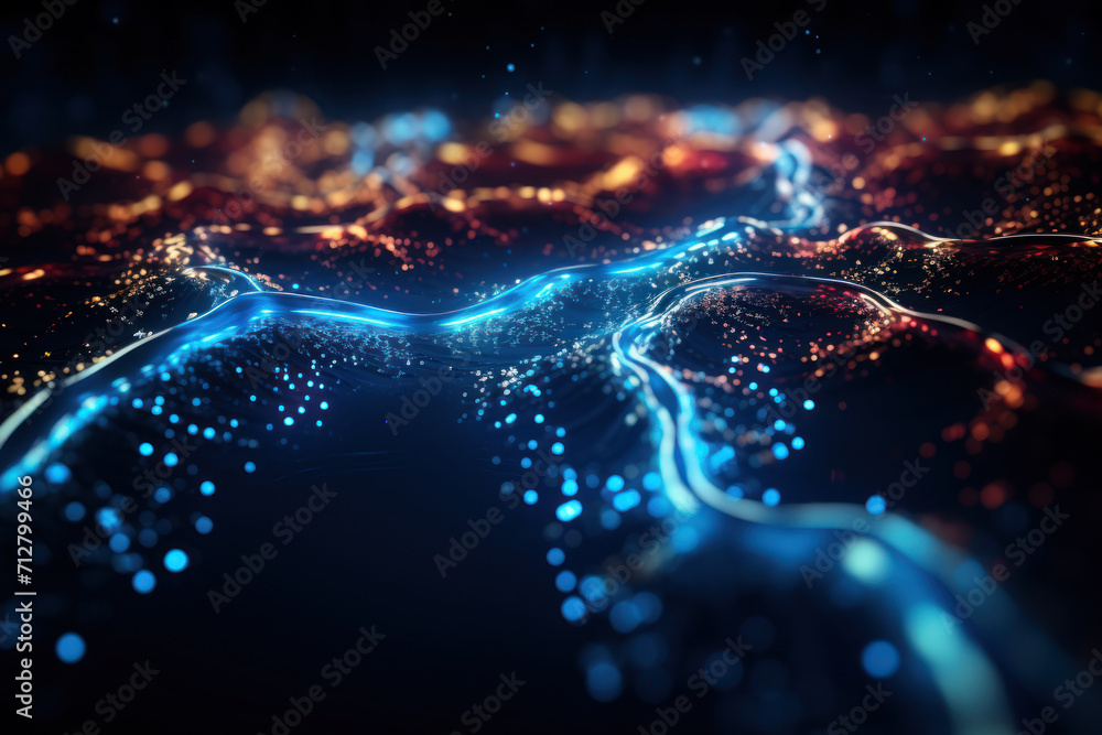 Streams of data particles converging into a digital river, depicting ...