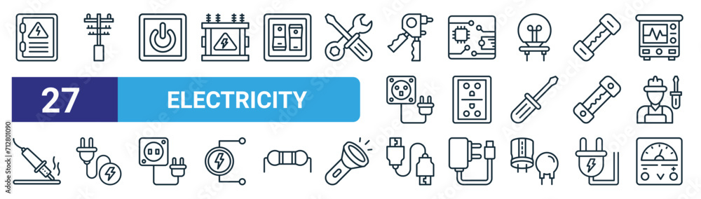 set of 27 outline web electricity icons such as electric panel, pole ...