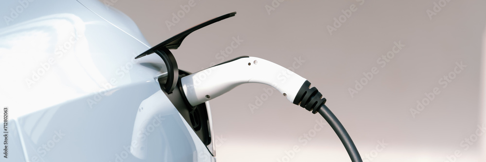 Closeup EV charger plug handle attached to electric vehicle port ...