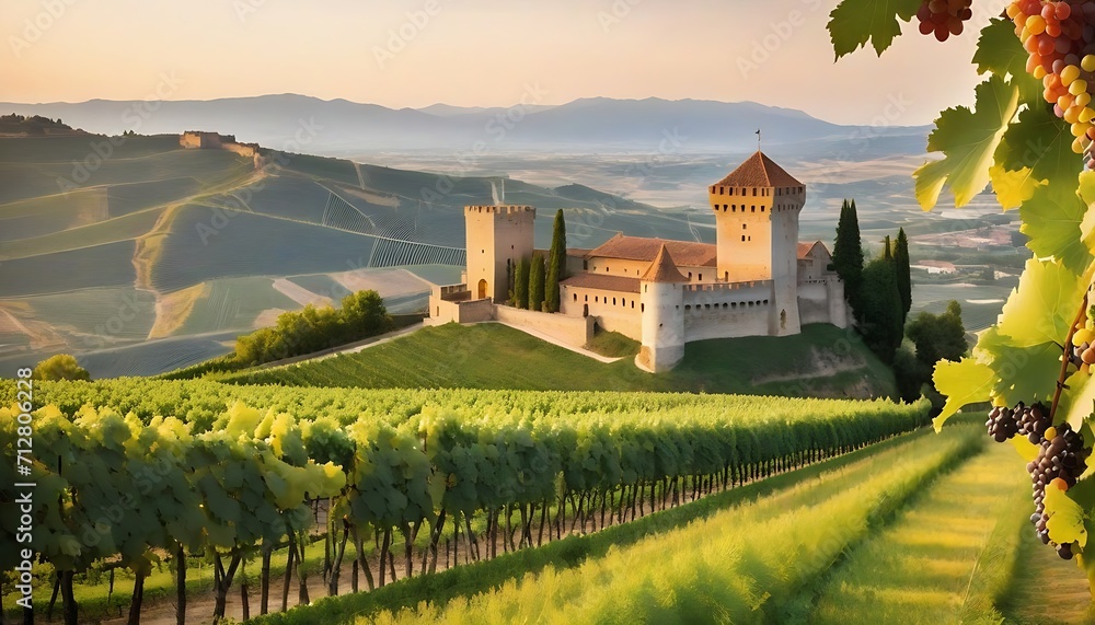 Medieval castle overlooking vineyards with ripe grape bunches. The ...