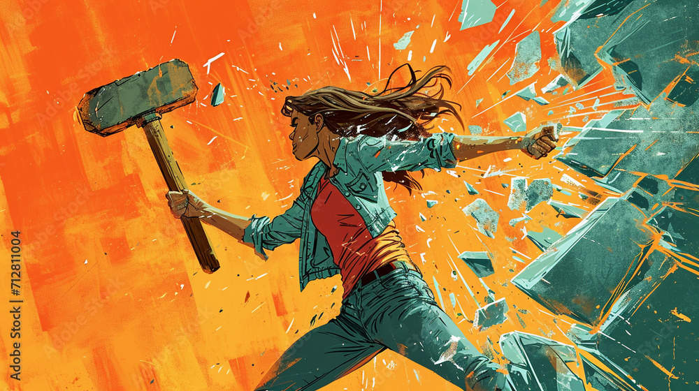 An illustration of a woman breaking through glass ceilings with a ...