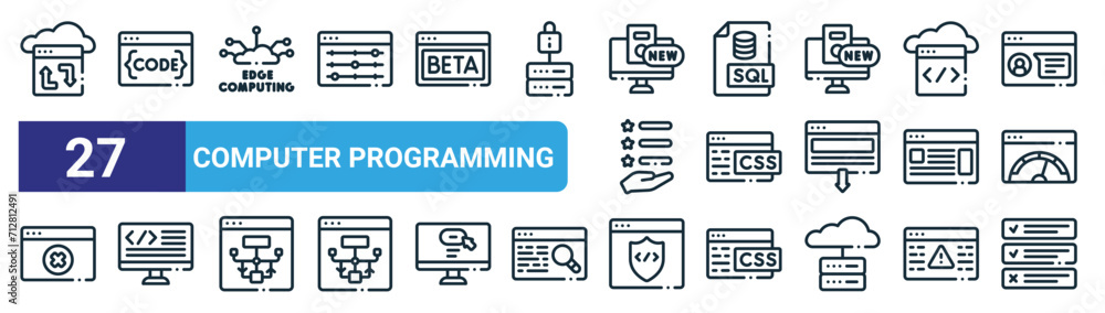 set of 27 outline web computer programming icons such as cloud, coding ...