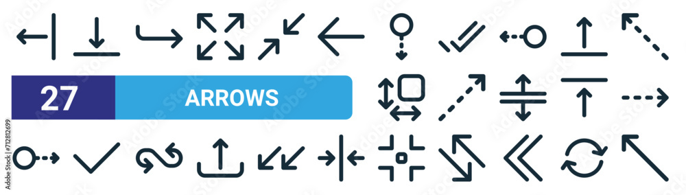 set of 27 outline web arrows icons such as move left, bottom alignment, right arrow, check mark ...