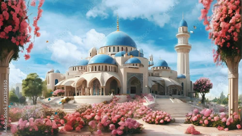 Islamic animation with beautiful grand mosque architecture and flowers ...