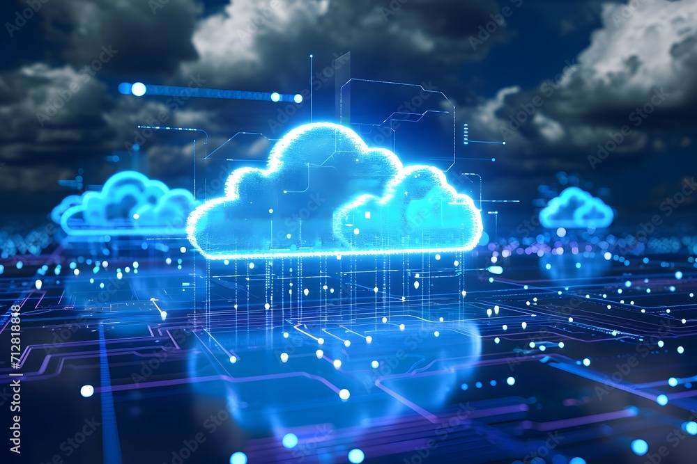 Digital illustration of cloud computing networks with glowing cloud ...