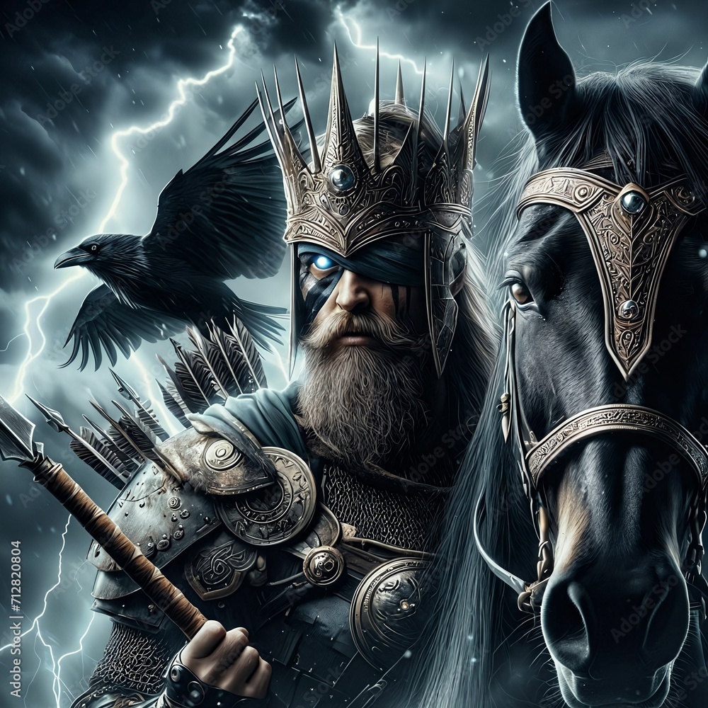 The great Nordic one-eyed god Odin with his ravens Huginn&Muninn ...