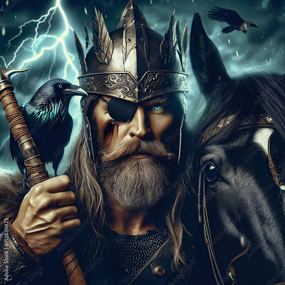 The great Nordic one-eyed god Odin with his ravens Huginn&Muninn ...