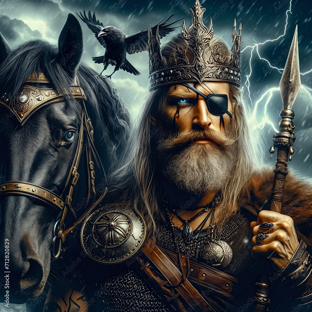 The great Nordic one-eyed god Odin with his ravens Huginn&Muninn ...