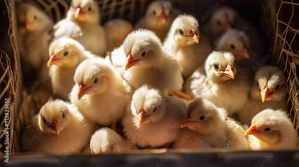 Little chicks in a brooder in macro view. Broiler chickens curiously ...