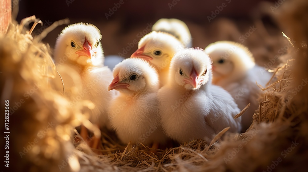 Little chicks in a brooder in macro view. Broiler chickens curiously ...
