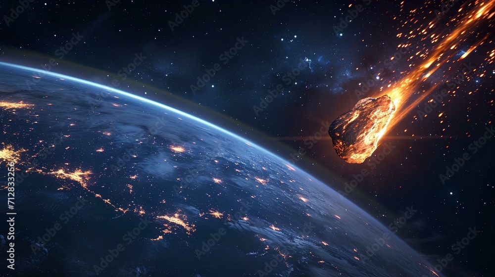 meteorite falling, a huge gigantic burning asteroid in space flyng ...