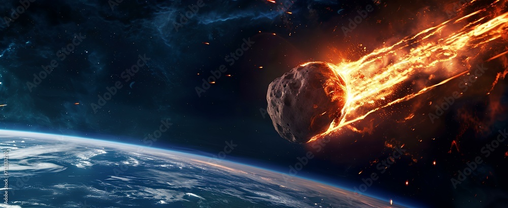 meteorite falling, a huge gigantic burning asteroid in space flyng ...