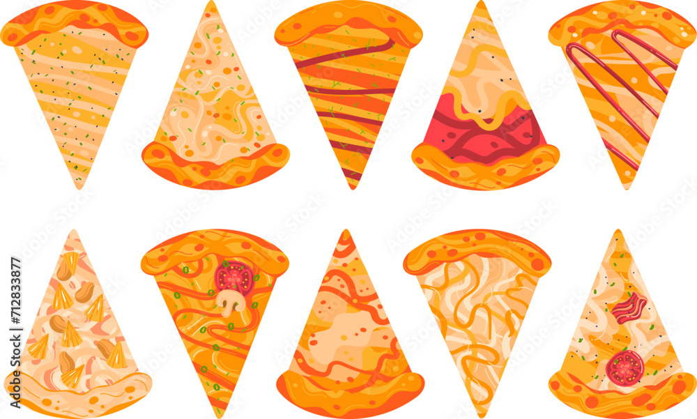 Set of cartoon pizza slices with various toppings. Collection of cheesy ...