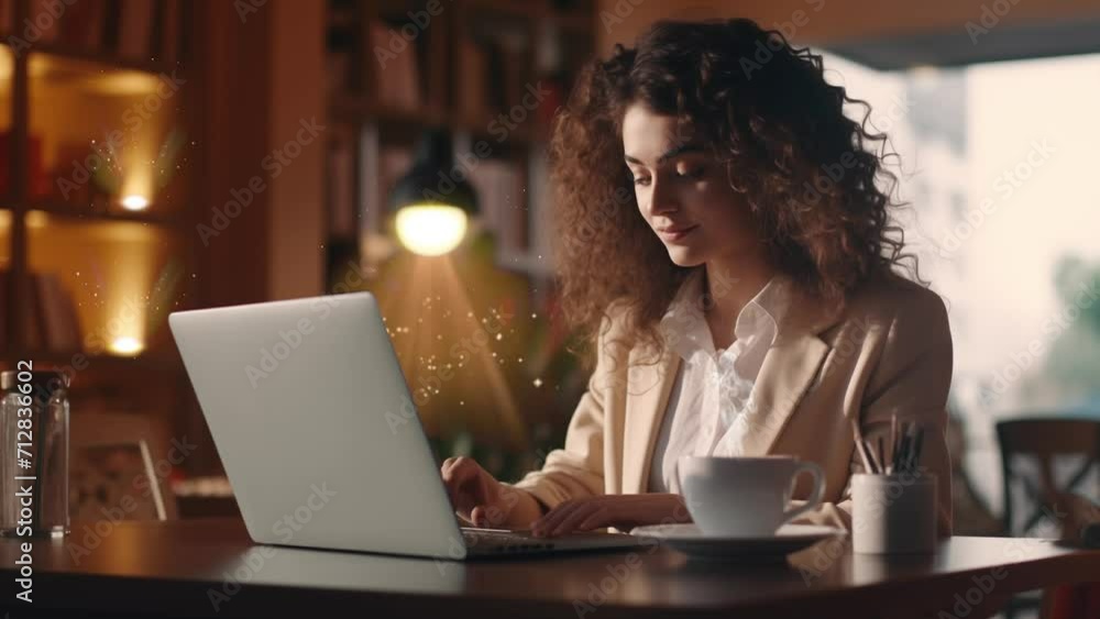 freelancer working from cafe.. Young woman in blazer with laptop in the ...