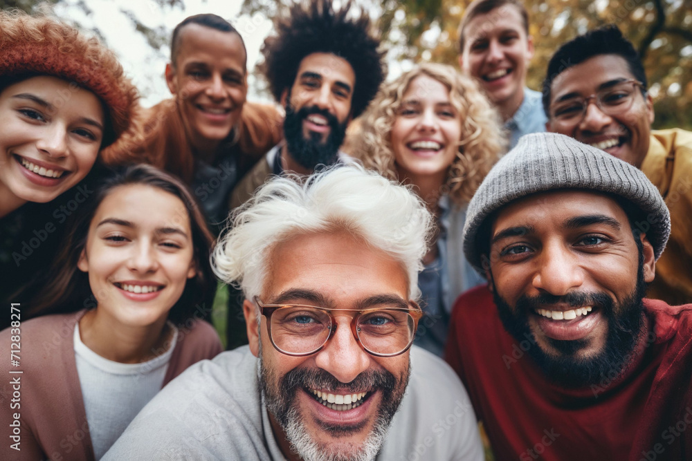 Diverse group of people smiling in joy in the park, a unique crowd ...