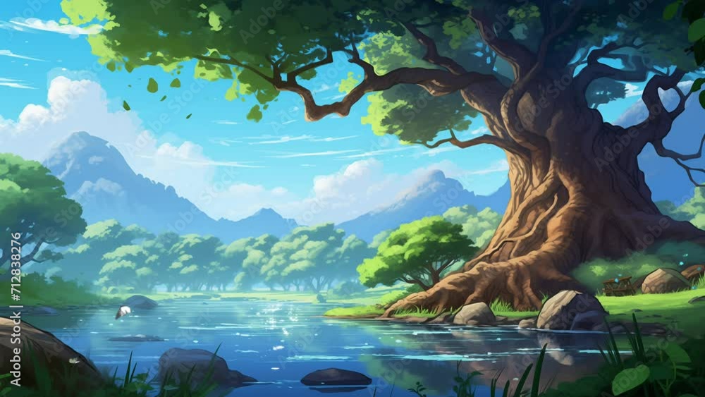 Animated illustration of a river view in the middle of a forest with a ...