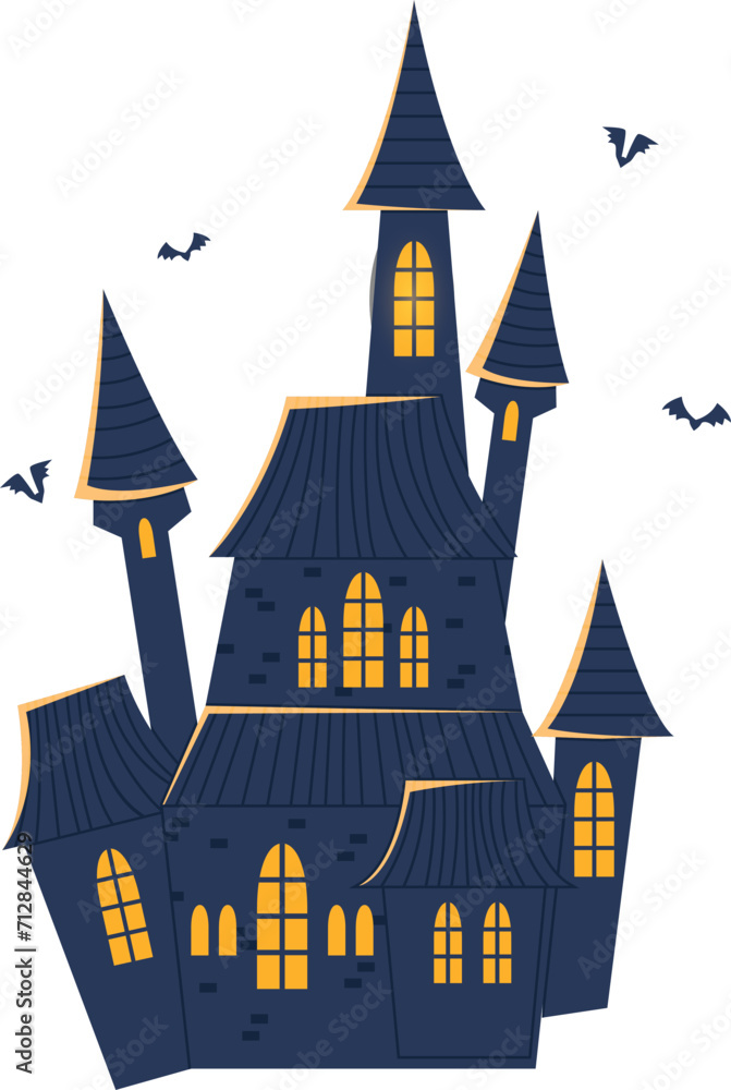 Spooky castle with tall towers and flying bats at night. Halloween ...