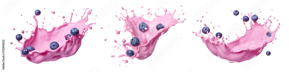 pink milkshake splash with blueberries set isolated on transparent ...