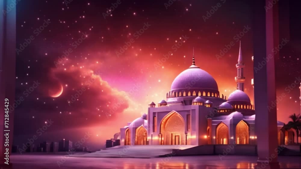 Mosque building architecture with eery weather in the night animated ...