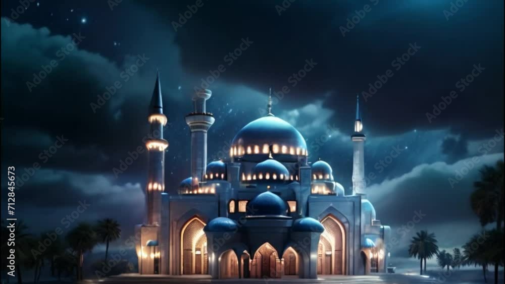 Mosque building architecture with eery weather in the night animated ...