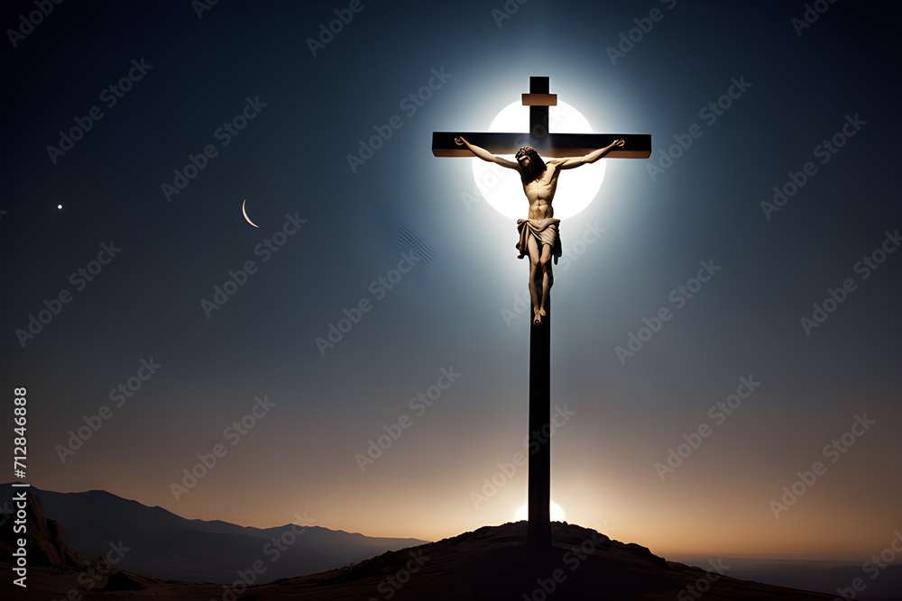 crucifixion scene with Jesus suspended on the cross. Jesus nailed with outstretched arms on the ...