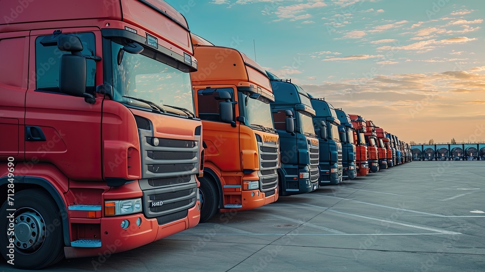 Fleet of trucks parked at parking lot yard of delivery company. Truck ...
