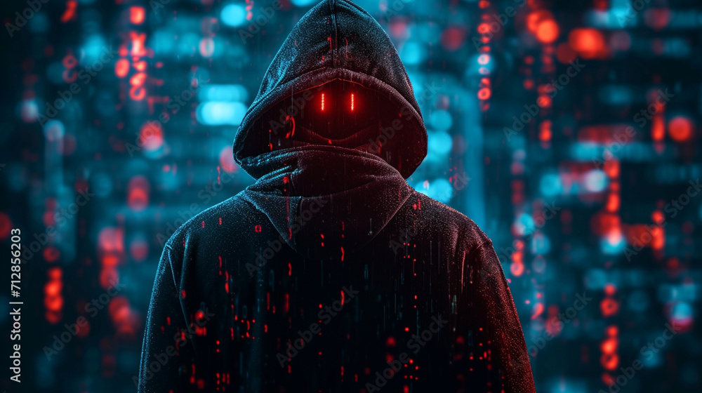 In a digital underworld, a hooded hacker navigates a dark interface ...