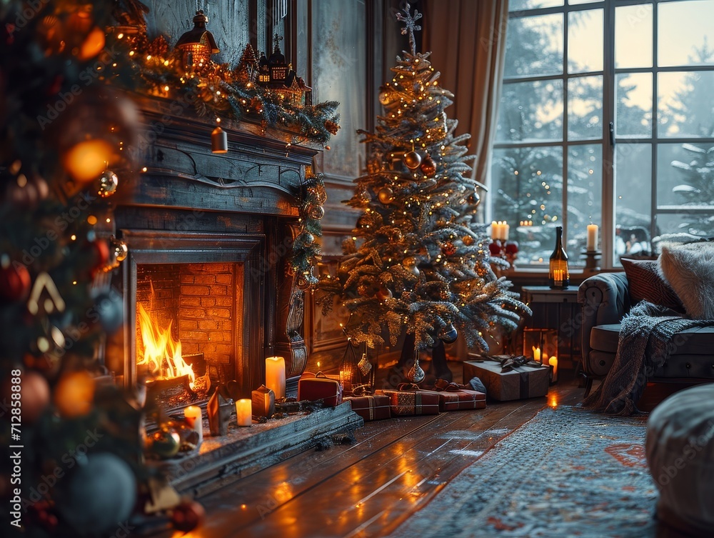 Christmas Fireplace Hearth Fire Tree Lights Wood Cozy Scene Background ...