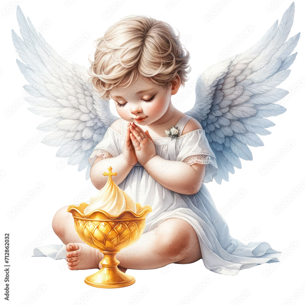 Angel, A watercolor painting of a cupid with wings, dressed in white ...