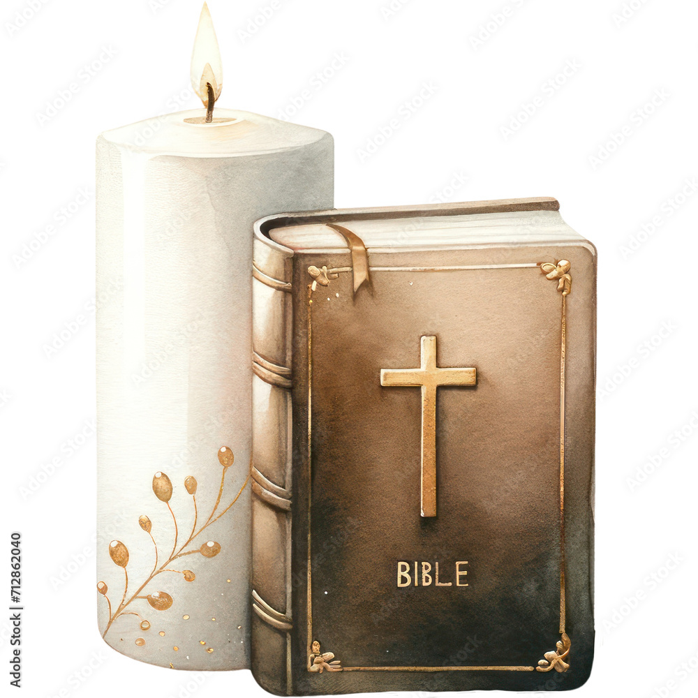 Bible with a Christian candle, A watercolor painting of a Bible with a ...