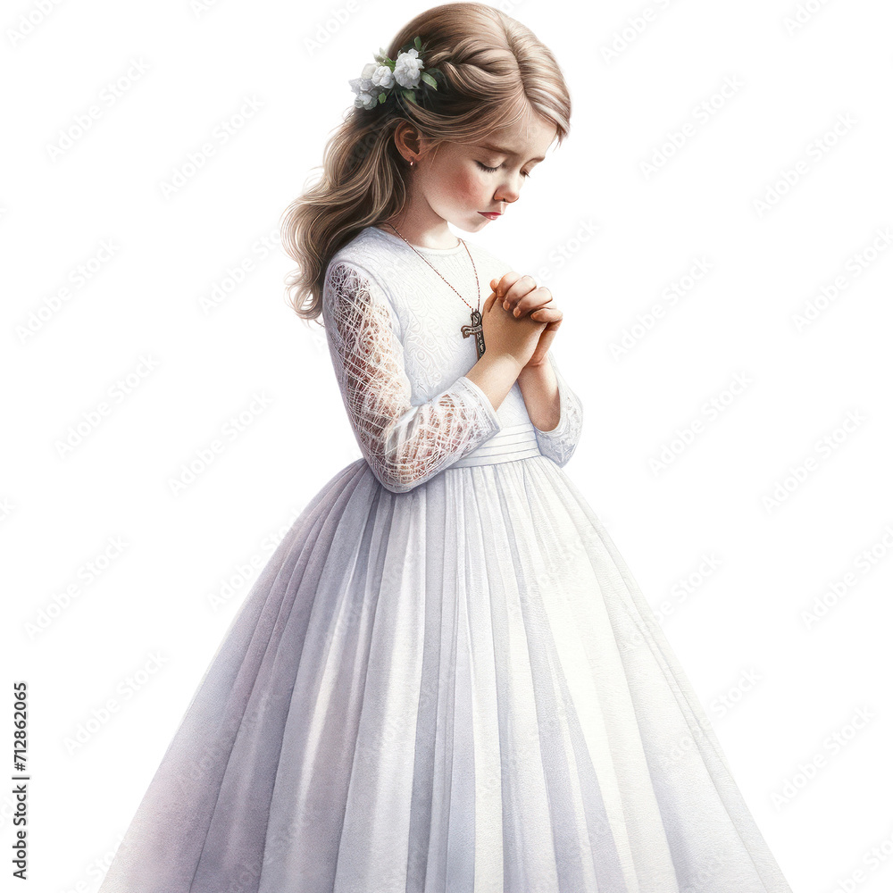 Baptism, A full-body watercolor painting of a girl in a white ...