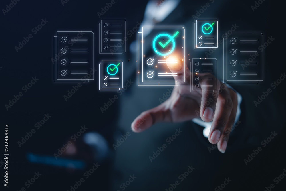 Standard quality control, ISO certification document. Businessman ...