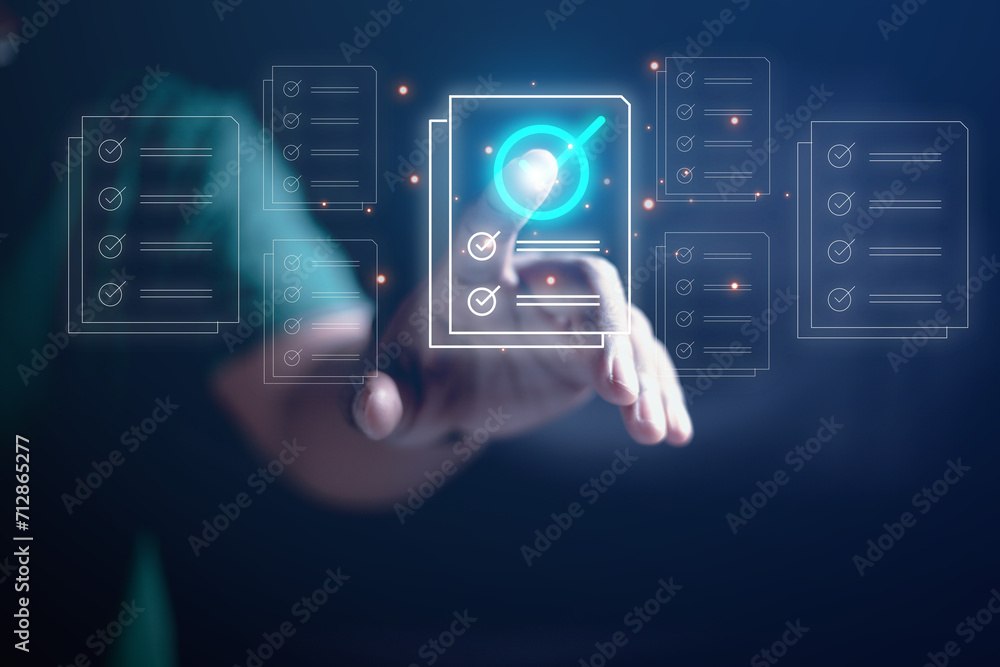 Standard quality control, ISO certification document. Businessman ...