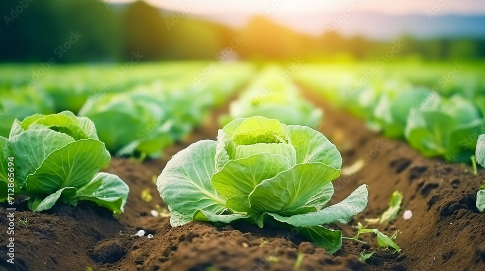 Cabbage plantations grow in the field. vegetable rows. farming ...