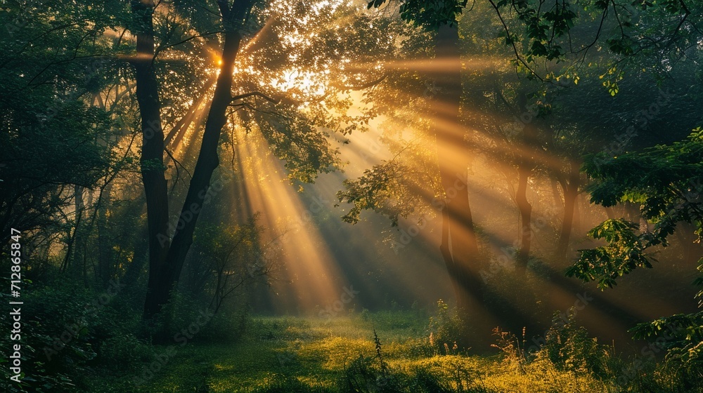 morning sun light rays piercing through the tree generated by ai Stock ...