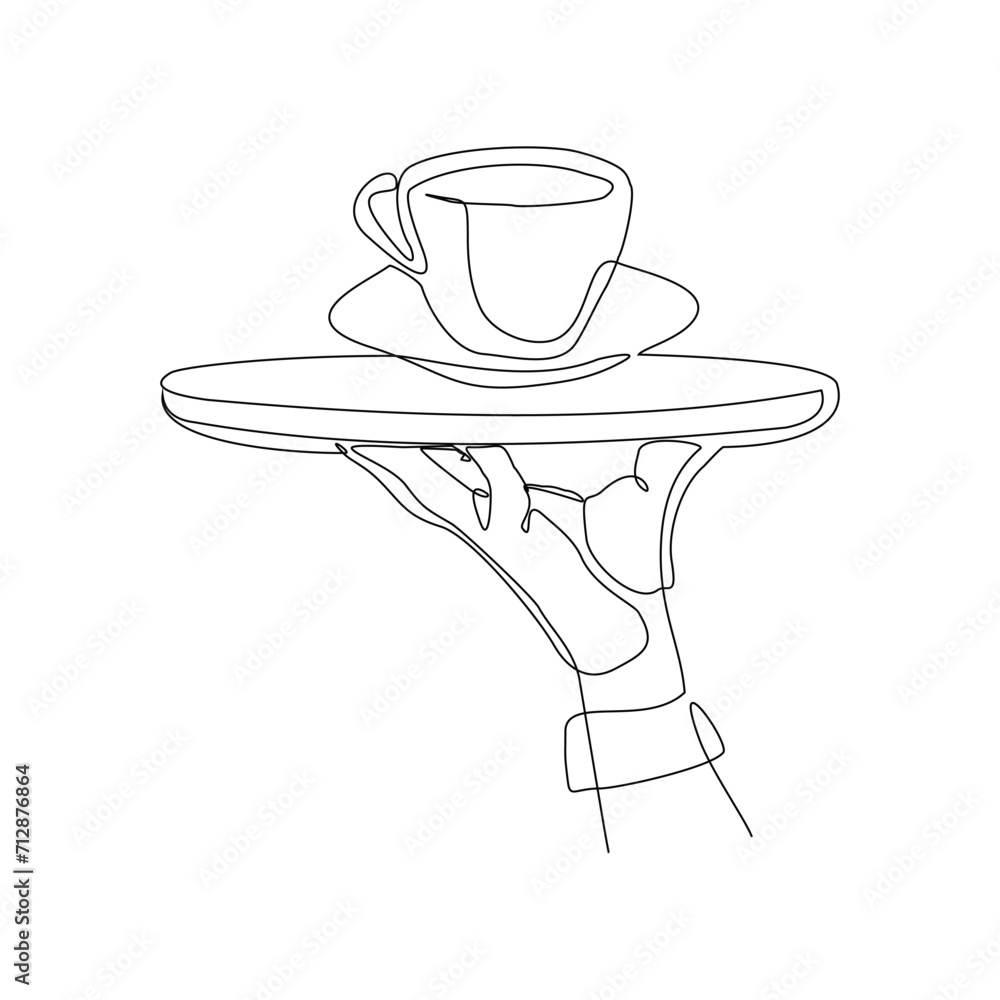Continuous single line sketch drawing of waitress hand holding tray ...
