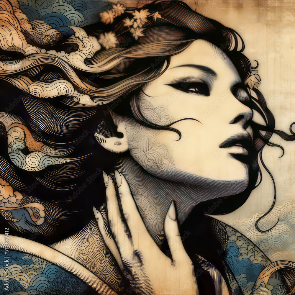 dramatic artistic portrait of geisha with long hair and graphic ...