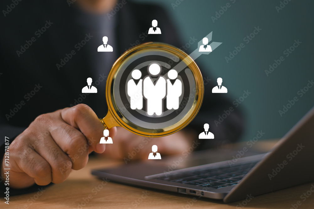 HR or Businessman use hand glass search human icon for business client ...