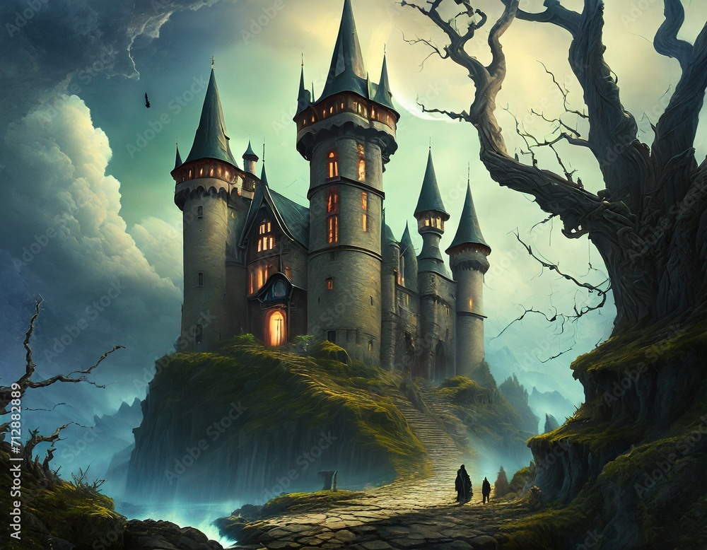 featuring a spooky old castle in the middle of a misty and damp forest ...