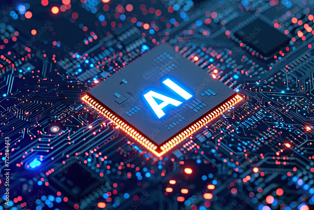 Artificial Intelligence processor unit. text "AI" on PCB motherboard ...