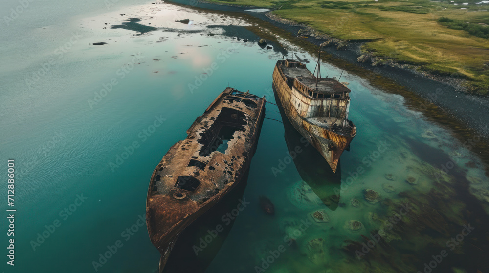 Shipwreck. The ship ran aground top view. The ship crashed on the ...